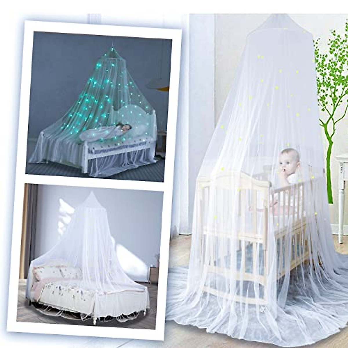 Bed Canopy for Girls with Glowing Stars in The Dark, White Princess Bed Curtain for Baby Crib, Kids Bed &amp; Toddler Bed, Twin, Full &amp; Queen Bed, Mosquito Net Canopy for Girl Room, Fire Retardant Fabric