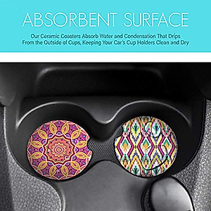 LotFancy 4 Pack Car Coasters Ceramic, Boho Absorbent Car Cup Holder Coasters, 2.56inch, Mandala Style for Women Men, with Finger Notch & Cork Base, 4 Patterns