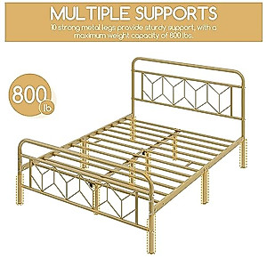 Yaheetech Metal Platform Bed Frame Mattress Foundation with Diamond Pattern Headboard/Footboard/Heavy Duty Steel Slat Support/Under Bed Storage/No Box Spring Needed/Full Size Antique Gold
