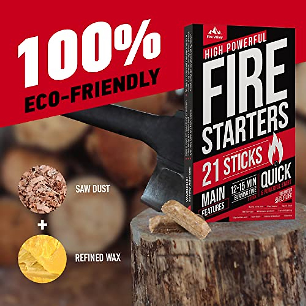 Fire Valley Wooden Firestarter Sticks - Pack of 21 Fire Starter Squares for Indoor Fireplace, Campfires, Grill & BBQ, Outdoor Firepit, Wood Stoves (Natural Pine Wood)