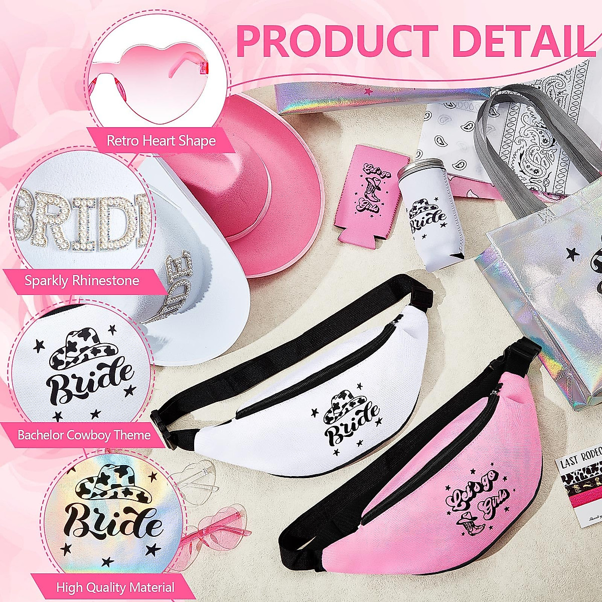 ShinyMatch 49 Pcs Cowgirl Bachelorette Party Favors Set Bachelorette Cowgirl Hats Bridesmaid Fanny Pack Can Sleeves Cowgirl Hair Ties Paisley Bandanas Heart Glasses Tote Bags for Bridal Shower