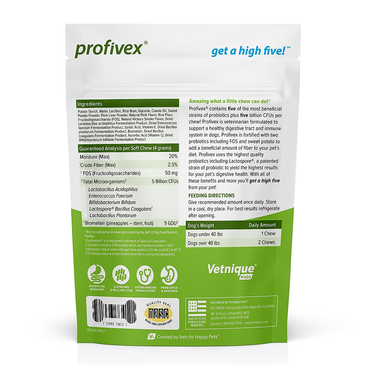 Vetnique Profivex 5-Strain Probiotic for Dogs Soft Chews (30ct) & Glandex for Dogs Anal Gland Fiber Support Peanut Butter Soft Chews (120ct) Bundle