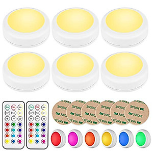 BLS LED Puck Lights with Remote Control, Wireless Under Cabinet Lighting, Battery Powered Lights, Stick on Lights, Color Changing Lights with Dimmer and Timer, AA Battery Operated Closet Light, 6 Pack