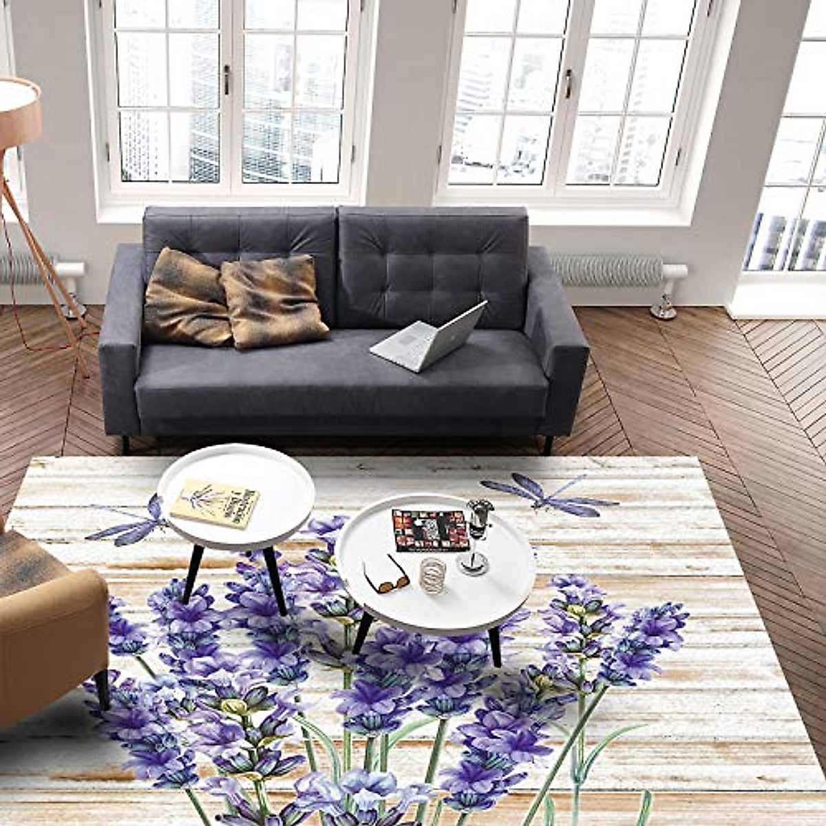 Indoor Area Rug 2' x 3' Purple Floral Lavender Dragonfly, Non-Slip Floor Rugs for Living Room/Bedroom/Baby Room/Nursery, Throw Carpet Floor Modern Home Decor Retro Country Wooden Board