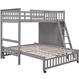 Harper & Bright Designs Twin Over Full Bunk Bed with 6 Storage Drawers and 3 Shelves, Wood Twin Loft Bed with Movable Lower Bed, No Box Spring Needed(Gray, Bottom Bed with Wheels)