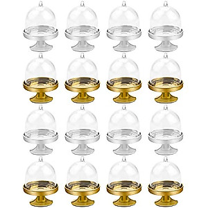 BILLIOTEAM 16 Packs Plastic Mini Cake Stand with Dome, Mini Cupcake Stand Plate with Lid, Cake Stand Candy Box Bulk for Wedding, Birthday, Baby Shower, Tea Party Supplies (Gold and Silver)
