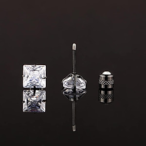 Hopply 4 Pairs Titanium Screw Back Surgical Stainless Steel Earrings for Women Men,Rainbow 5A Cubic Zirconia Studs Double Side Earrings Piercing Sleeper Jewelry 6mm(4 Packs Square CZ-6mm)