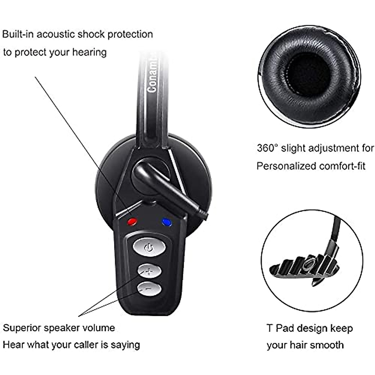 Conambo Bluetooth Headset V5.0, Pro Wireless Headset 16Hrs Talktime with Noise Cancelling Mic for Cell Phone iPhone Trucker Engineers Business Home Office -JBT800 (Black)