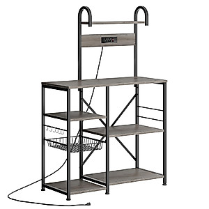 JAMFLY Bakers Rack with Power Outlet, Microwave Stand, kitchen Storage Shelf with 6 Hooks, Coffee Bar Station with Wire Basket, 6 Tier Kitchen Rack for Living Room, Spice, Pots and Pans Organizer