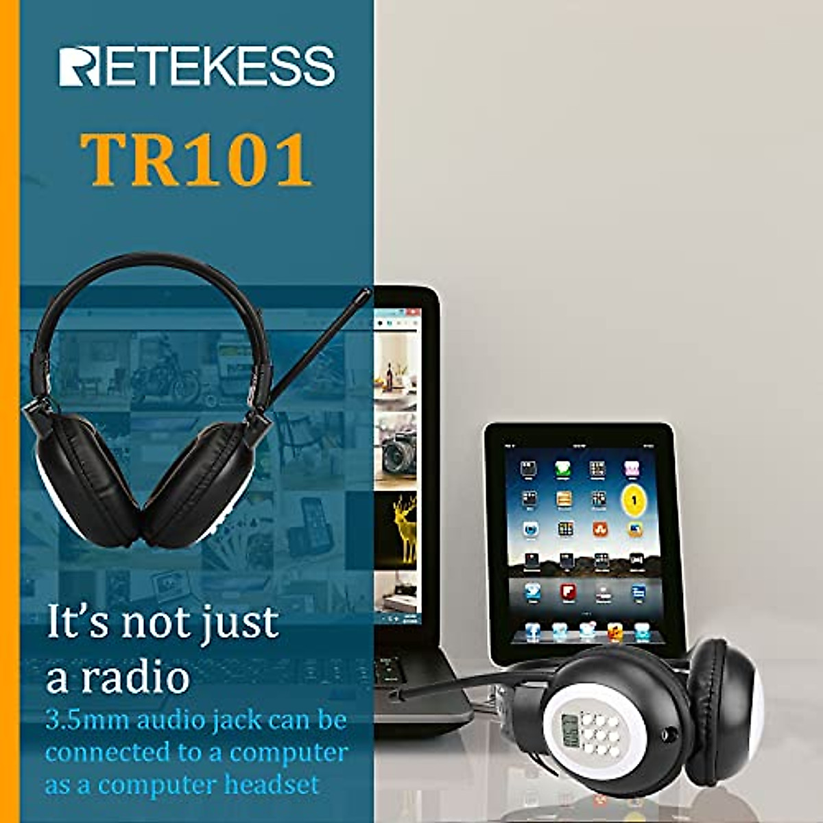 Retekess TR101 FM Radio Headphones, Headset for Mowing, Digital Wireless Radio for Mowing, Walking, Riding, Powered by AA Battery (Black)