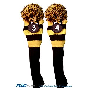 Majek #3 & #4 Hybrid Combo Pack Rescue Utility Black & Yellow Golf Headcover Knit Pom Pom Retro Classic Vintage Head Cover