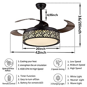 Fandian 42In Modern Ceiling Fan with Lights Remote Control Chandelier Lighting Fixtures Silent Retractable Blades, 3 Light Colors, Black Bird Nest Fandelier for Living Room, Bedroom
