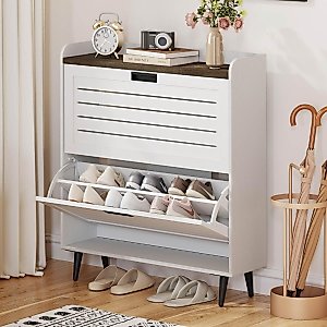 FATORRI Shoe Cabinet with 2 Flip Drawers, Wooden Shoe Storage for Entryway, Modern Narrow Shoe Rack Organizer with Metal Legs for Hallway (Walnut Brown+White Oak)