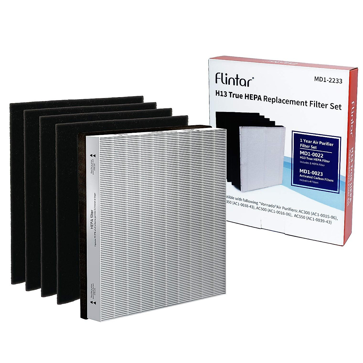 Flintar H13 True HEPA Replacement Filter Combo Pack, Compatible with Vornado Air Purifier, (1) H13 True HEPA Filter MD1-0022 + (4) Activated Carbon Pre-Filter MD1-0023, 1-Year Filter Set