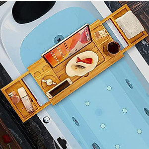 Premium Bamboo Bath Tray Table,Bathtub Caddy Table with Book Wine Phone Holder,Expandable Bathtub Tray with 2 Sliding Trays