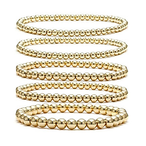 GLBCC Gold Beaded Bracelet Set for Women Stack 14 K real Gold Plated Ball Bracelets Elastic String Bracelet 4 mm 5 mm 6mm Small Beads Friendship Bracelet for Men (gold)