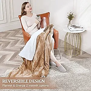 CAROMIO Electric Heated Blanket Throw, 4 Heating Levels & 4 Hours Auto Off, Thick Flannel & Sherpa Reversible Electric Blanket, Fast Heating Blanket Throw with Overheating Protection, Brown 50" x 60"
