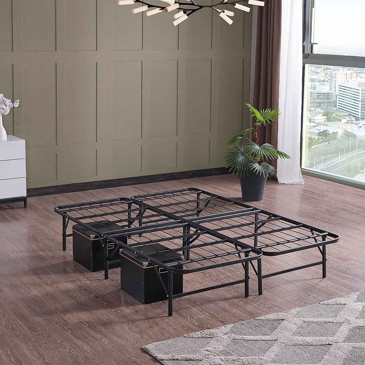 MACTUR Foldable Metal Bed Frame Queen Size Metal Platform Easy Assembly Heavy Duty Noise Free Bed Frame 13 Inches of Clearance Underbed Storage Sturdy Steel Frame, Queen, Black
