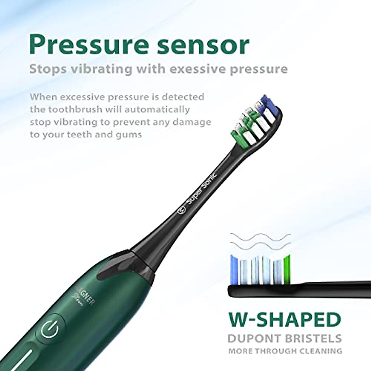 Wagner Stern Ultrasonic whitening Toothbrush with Pressure Sensor. 5 Brushing Modes and 4 Levels of Intensity, 8 Soft bristles, Travel case.