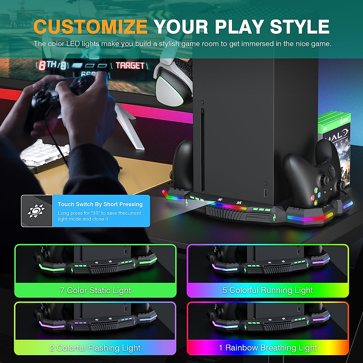 Wiilkac Vertical Cooling Fan Stand and Dual Controller Charging Station for Xbox Series X with RGB Color Lights/USB Ports, 3-Level Fan Cooling System with 2 x 1400 mAh Rechargeable Battery