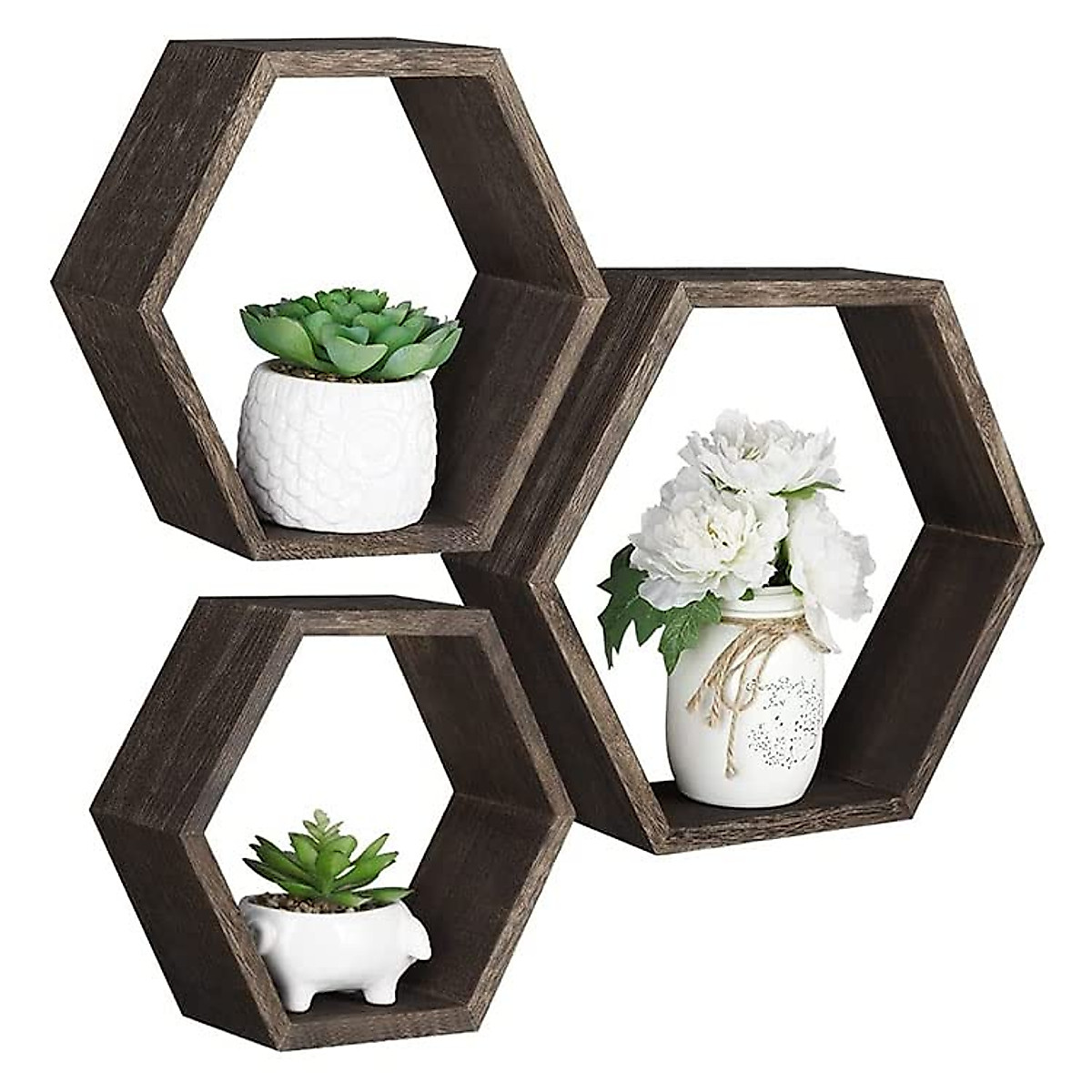 1885 Wall Glimmer Hexagon Floating Shelves Rustic Brown - Set of 3 Larger Size Decorative Honeycomb Shelves - Wall Mounted Geometric Rustic Wood Floating Shelves for Wall Decor