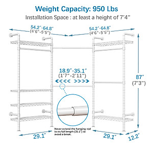 Timate L3 L Shape Garment Rack Heavy Duty Clothes Rack for Hanging Clothes, Expandable Industrial Pipe Wall Mounted Clothing Rack, Adjustable Corner Closet Wardrobe Closet Kit Closet Systems, White