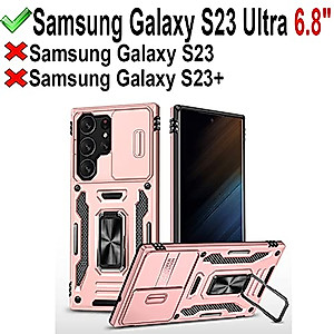 PASNEW Compatible with Samsung Galaxy S23 Ultra 5G Case - 6.8 inch, Shockproof, Anti-Fall, Slide Camera Lens Cover, 360° Rotating Ring Kickstand,Case for S23Ultra Dark Rose Gold