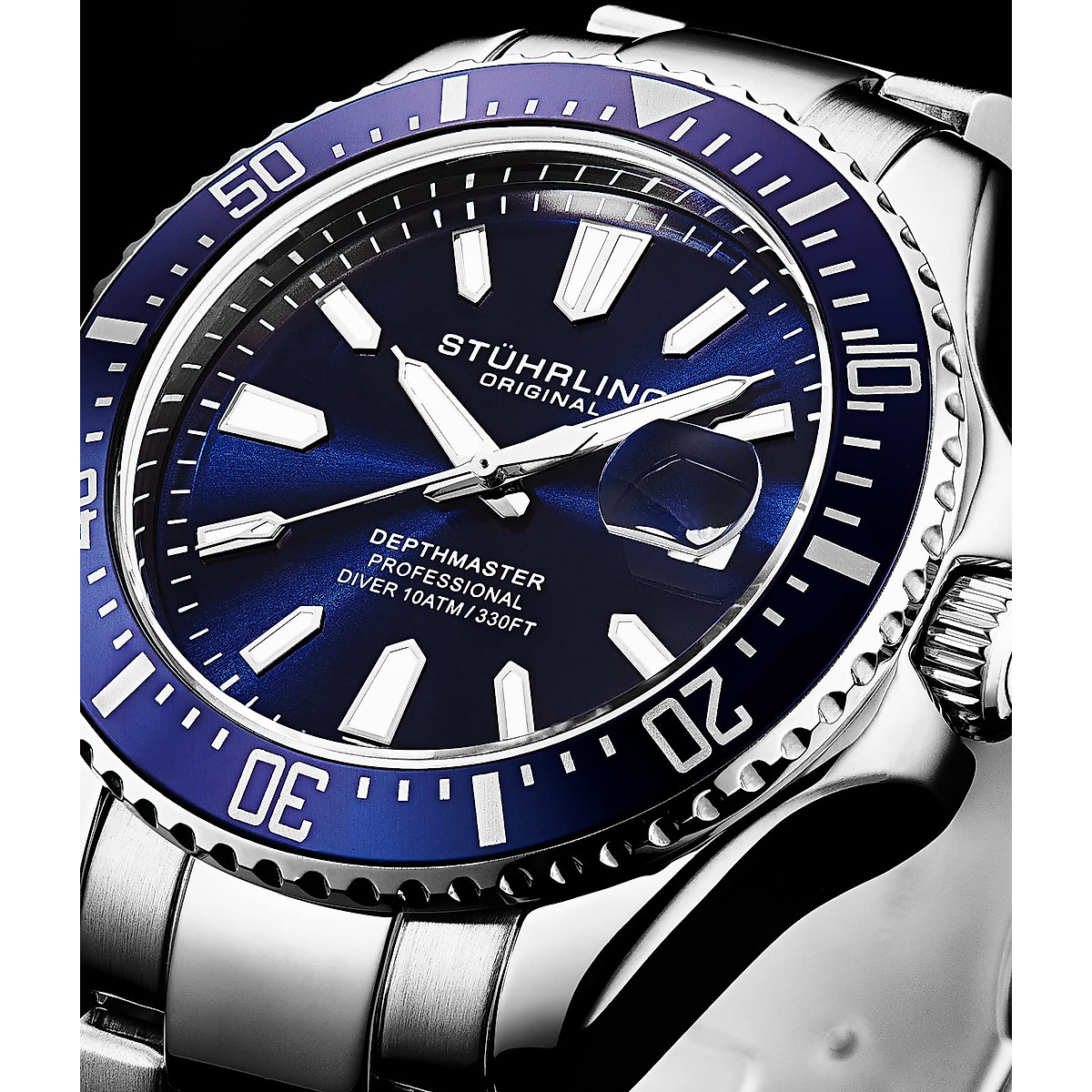 Stuhrling Original Men's Watches Pro Dive Watch Sports Watch with 42 MM Case Blue Dial Stainless Steel Silver Bracelet Diving Watch for Men (Blue)