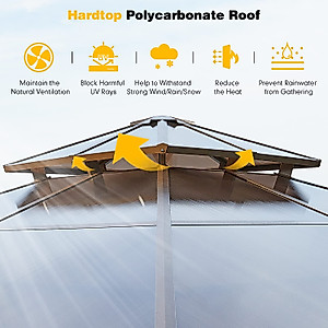 MELLCOM 12'x12' Hardtop Gazebo with Polycarbonate Double Roof, Aluminum Frame Outdoor Gazebo Permanent Pavilion with Curtains and Netting for Patio, Lawn & Garden