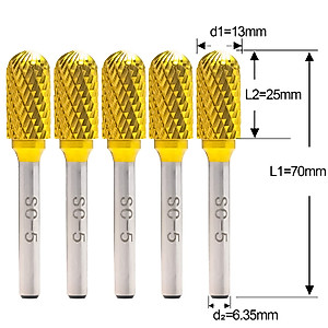 SC-5 5pcs Tungsten Carbide Burr TiN Rotary File Cylindrical Shape with Radius End Double Cut with 1/4''Shank for Die Grinder Drill Bit
