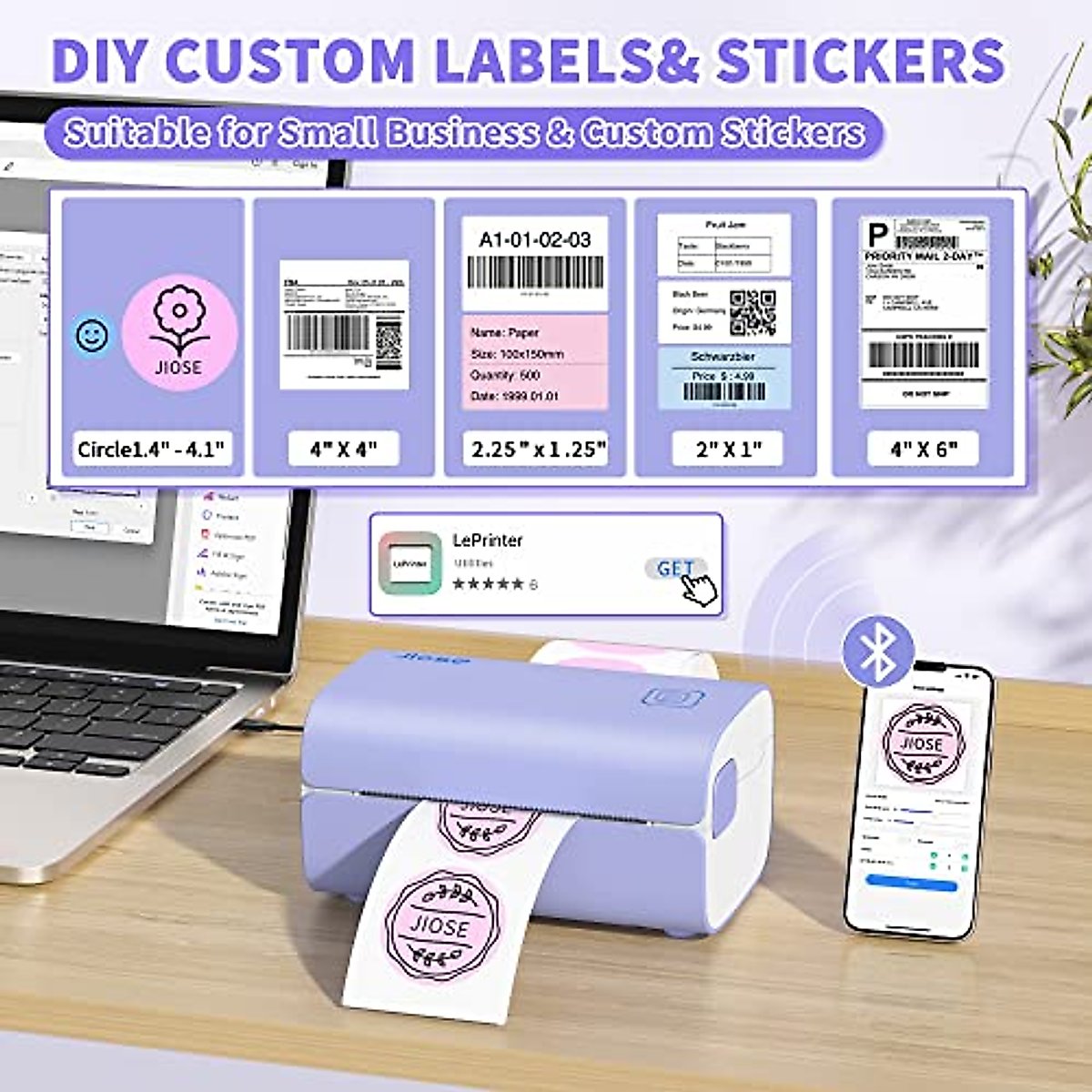 Jiose Bluetooth Thermal Shipping Label Printer - Desktop Shipping Label Printer - Print Custom Stickers - Support Chrome OS, Mac, Windows, Android, iOS for 4x6 Shipping Package Labels