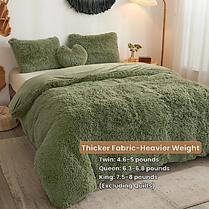 MEGO Luxury Shaggy Faux Fur Duvet Cover Set, Ultra Soft 3 Pieces Fluffy Comforter Cover Set, Fuzzy Bedding Set(1 Plush Furry Duvet Cover + 2 Pillowcases), Zipper Closure(Queen, Sage Green)