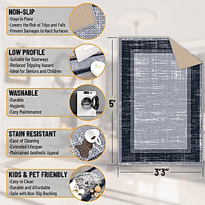 Ottomanson Ottohome Contemporary Bordered Design Rubberback Area Rug, 3'3" x 5', Gray/Navy