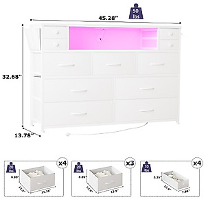 DRAWERHOM Dresser TV Stand with Power Outlets and LED Lights for 55'' TV, 11 Drawers Dresser with Side Pocket, Fabric Chest of Drawers with PU Finish, Sturdy Frame & Wood Top (White)