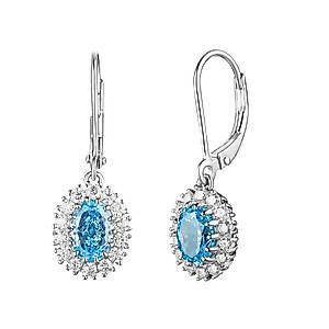 DovEggs Moissanite Earrings Center 2ct 5x7mm Blue Color Oval Special Quality Crushed Ice Cut CZ Simulated Diamond Halo Moissanite Leverback Drop Hoop Earring Earrings for Women Sterling Silver