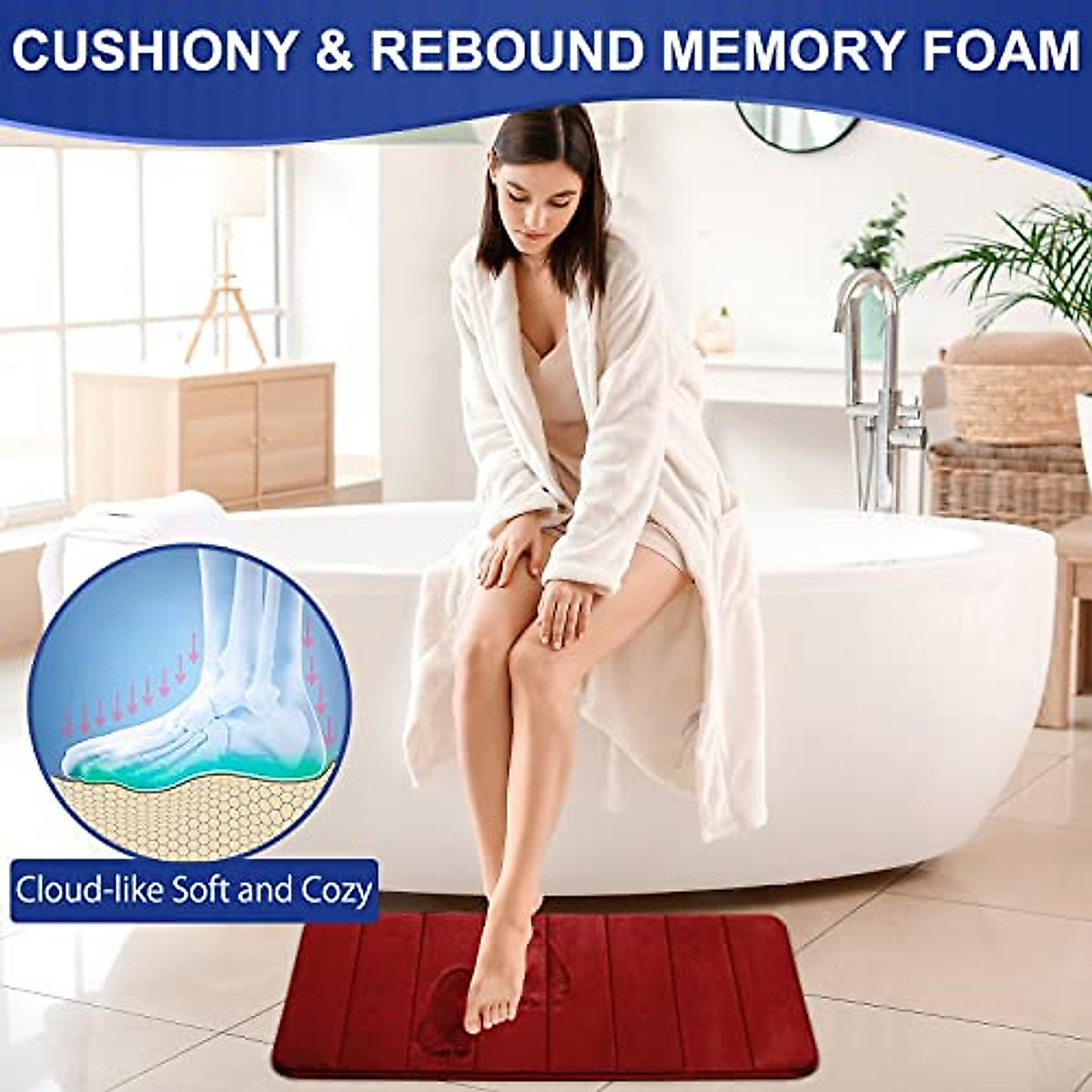 Memory Foam Bath Mat Set Bathroom Mat Set Ultra Soft 3 Piece Bathroom Rug Non Slip and Highly Absorbent Bathroom Floor Mat Machine Washable Toilet Mat（Burgundy, 17” X 24”+24” X 24”+24” X 32”)