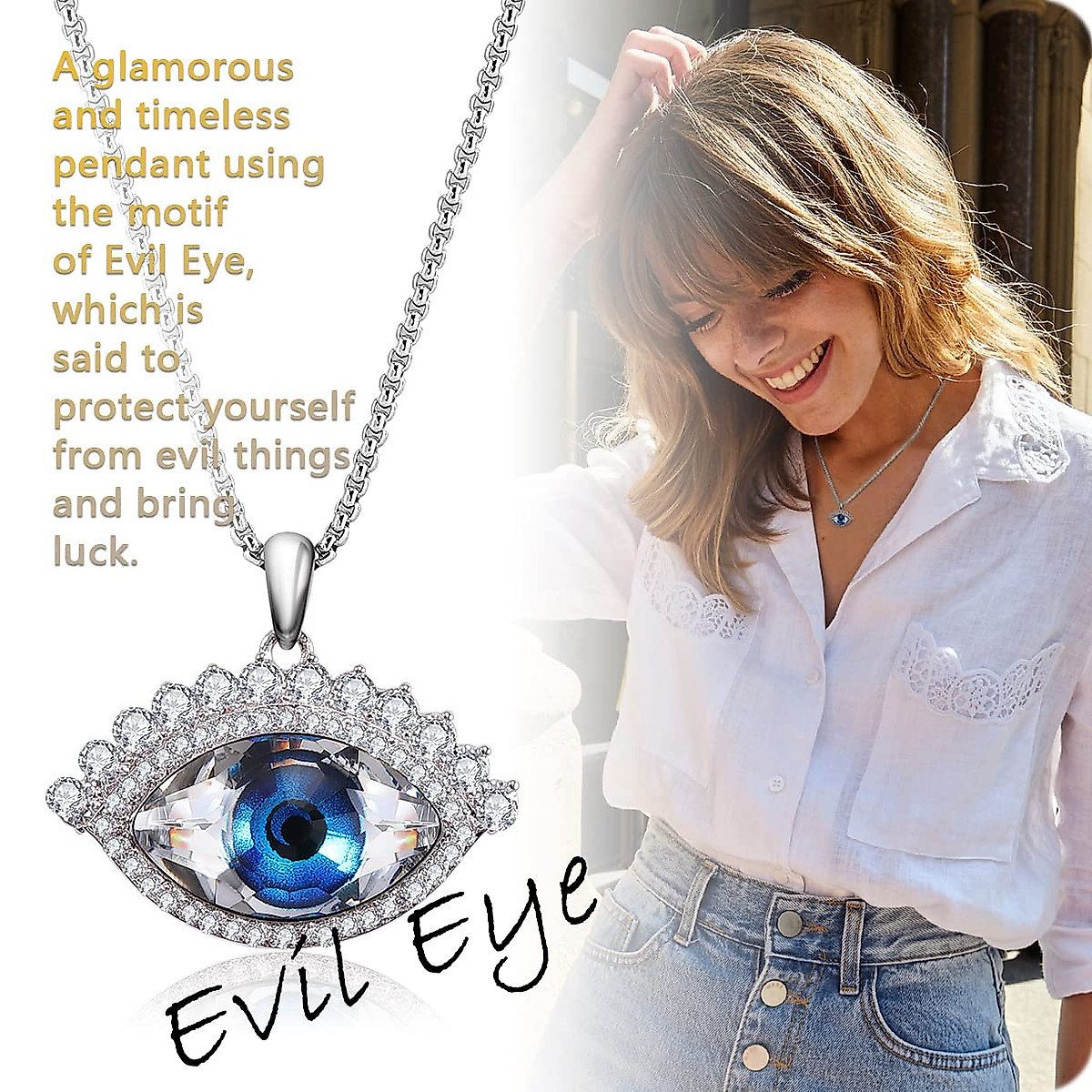 Richapex Evil Eye Pendant Necklace 18K White gold Plated Necklace Pure Crystal Eye Pendant Protection Necklace Ojo Turco Greek Protection Jewelry for Women