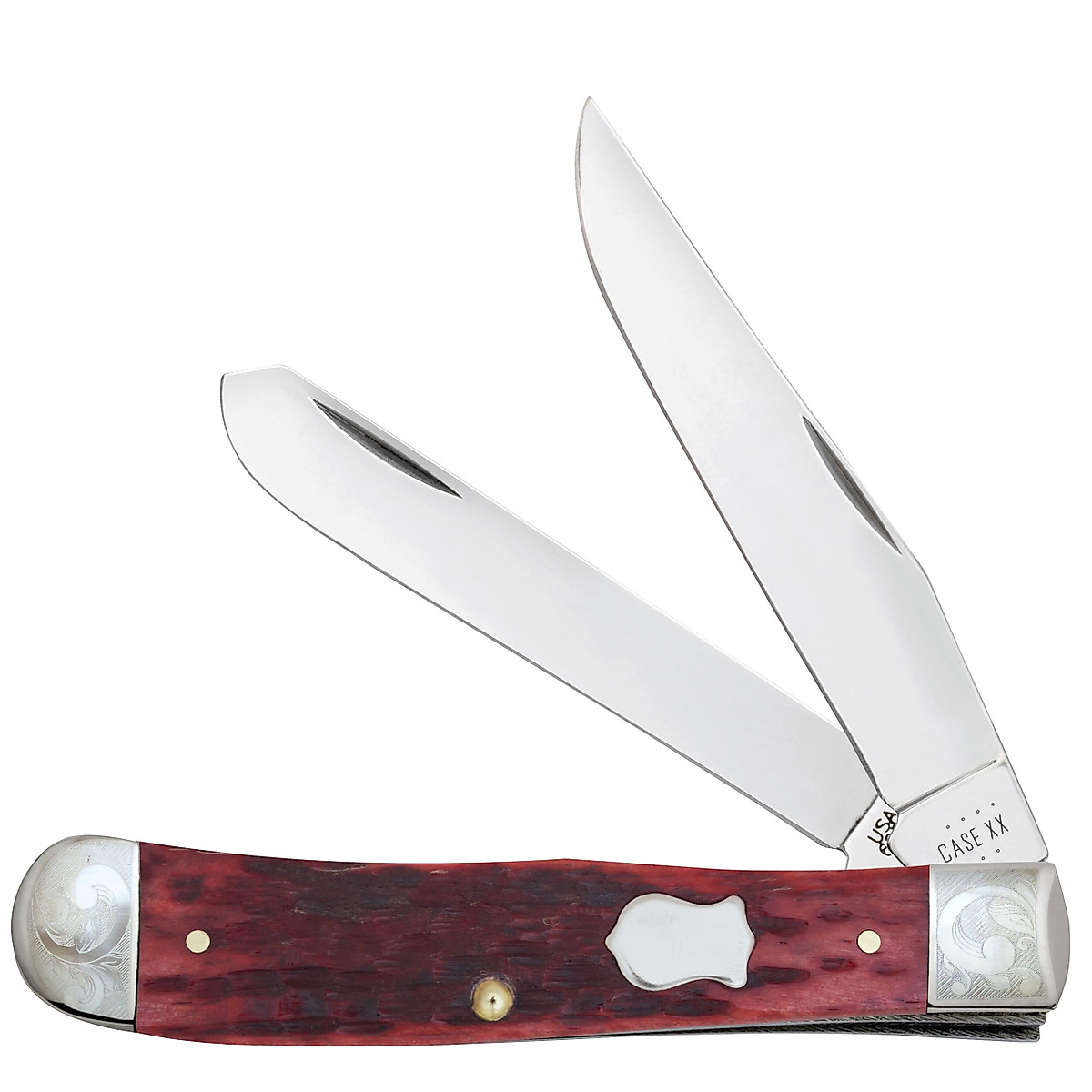 Case WR XX Pocket Knife Old Red Jigged Bone Handle with Tru SharpTM Stainless Steel Blades and Scrolled Bolsters Trapper 4 1/8 inches Closed