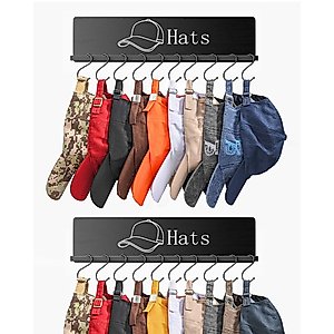 FANGSUN Hat Rack for Wall, Wooden Baseball Cap Organizer with 20 Hooks, Metal Rustic Hat Pattern Display Rack, Ball Cap Hanger Wall Mounted Hat Storage Holder for Closet Bedroom Entry, Set of 2, Black
