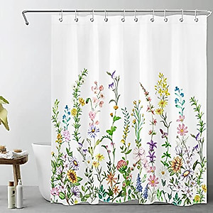 Spring Floral Shower Curtain Decor,Colorful Country Wildflower and Sunflower Green Leaf Plant Shower Curtains for Bathroom 60X72 inch Polyester Fabric Bathroom Decoration Bath Curtains Hooks Included