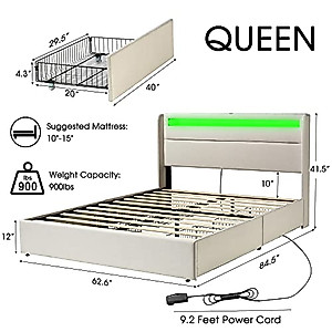 AMERLIFE Queen Bed Frame with RGBW LED Lights Headboard & 4 Storage Drawers, Upholstered Smart Platform Bed with USB & USB-C Ports, Box Spring Optional, Cream