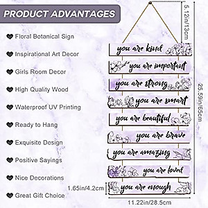 One Set of 9 Pieces Inspirational Floral Wall Decors You Are Amazing Beautiful Loved Quotes Sign Wall Art Decors Wooden Hanging Wall Art Positive Home Decors for Girls Women Bedroom (Light Purple)