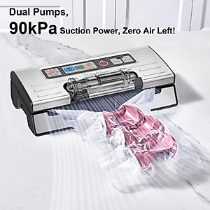 Gasbye Vacuum Sealer Machine, 90kPa Food Sealer with Double Heat Seal for Dry/Moist Food, Easy-lock Handle, Built-in Bag Storage & Cutter, Progress Display, Removable Drip Tray, Silver