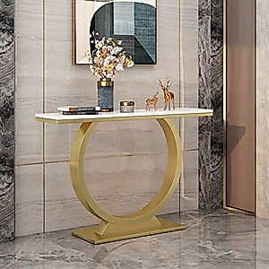 WebErt Coffee Table White Marble Narrow Table, 31.4 Inch Console Table with Metal Base, Foyer Table for Living Room, Entryway Side Table