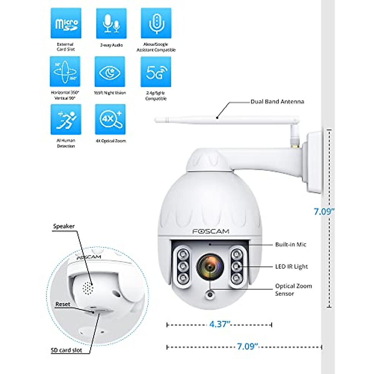FOSCAM SD4 2k 4MP Outdoor Security Camera, 5G/2.4GHz WiFi PTZ IP Surveillance Camera with 4X Optical Zoom, Smart AI Human Detection, 2-Way Audio, 165ft Night Vision, CMOS Image Sensor, IP66