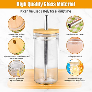 Qmioti 4 Pack Mason Jar with Lid and Straw, 22oz Wide Mouth Glass Cups, Reusable Drinking Glasses for Coffee, Juicing, Bubble Tea, Smoothie