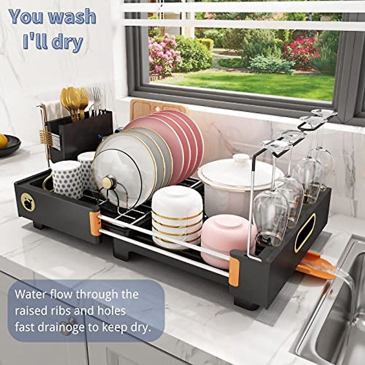 slhsy Expandable Dish Drying Rack, with Swivel Spout Drainboard Set & Extra Drying Mat, Dish Racks with Wine Glass Holder & Utensil Holder, Kitchen Organization Gadgets & Decor, Gifts for Family