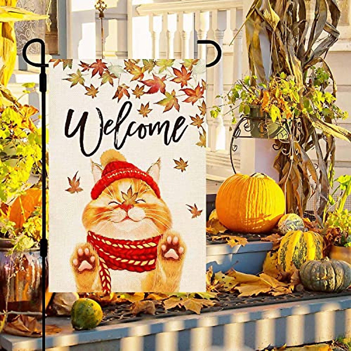 ORTIGIA Welcome Fall Cat Garden Flag Blurap Vertical Double Sided 12x18inch Autumn Maple Leaf Garden Flag for Outside Fall Thanksgiving Farmhouse Seasonal Holiday Yard Décor