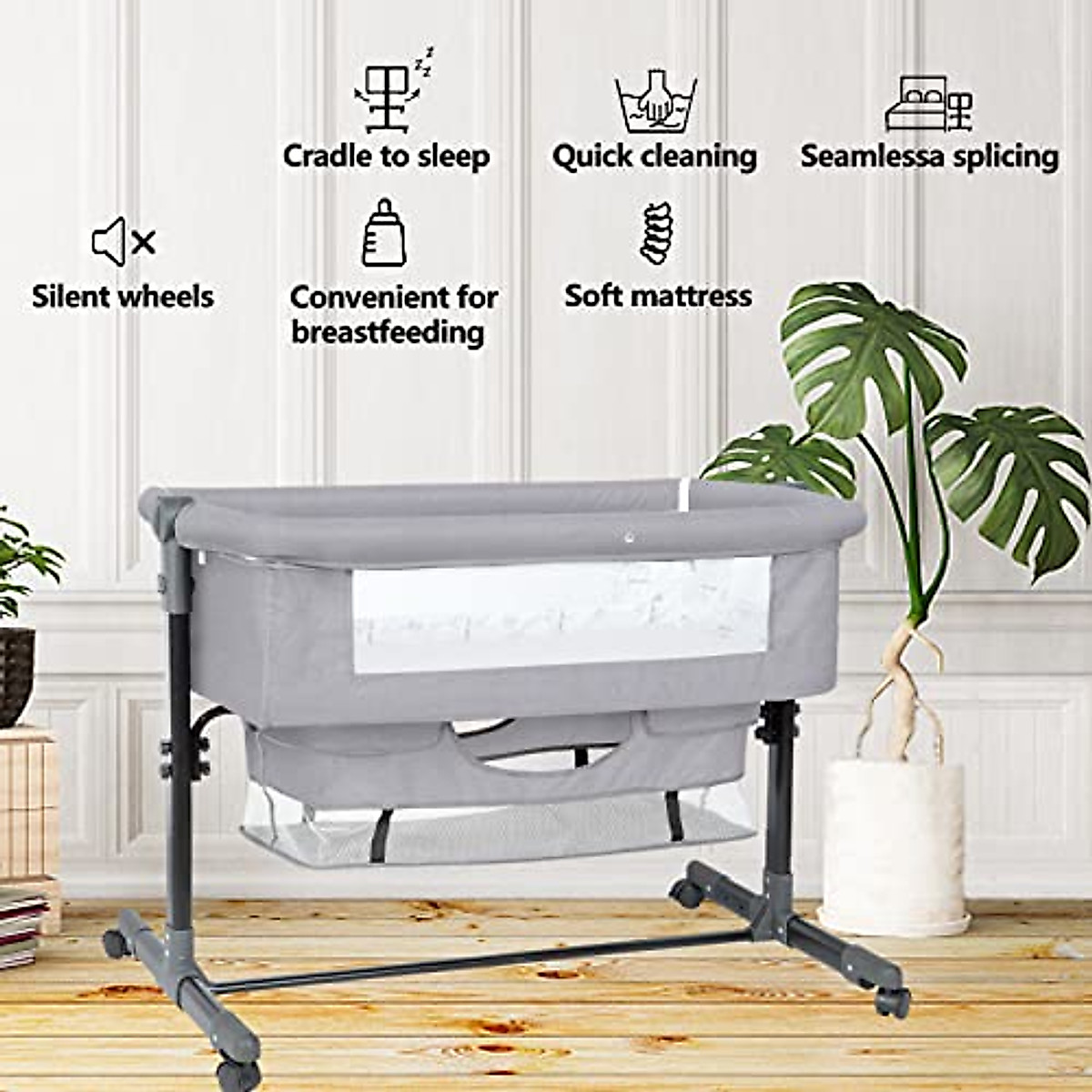 RICUTON Bedside Bassinet for Baby, Bedside Sleeper with Storage Basket, Adjustable Height Portable Crib for Infant/Newborn with Mosquito Nets, Easy Assemble