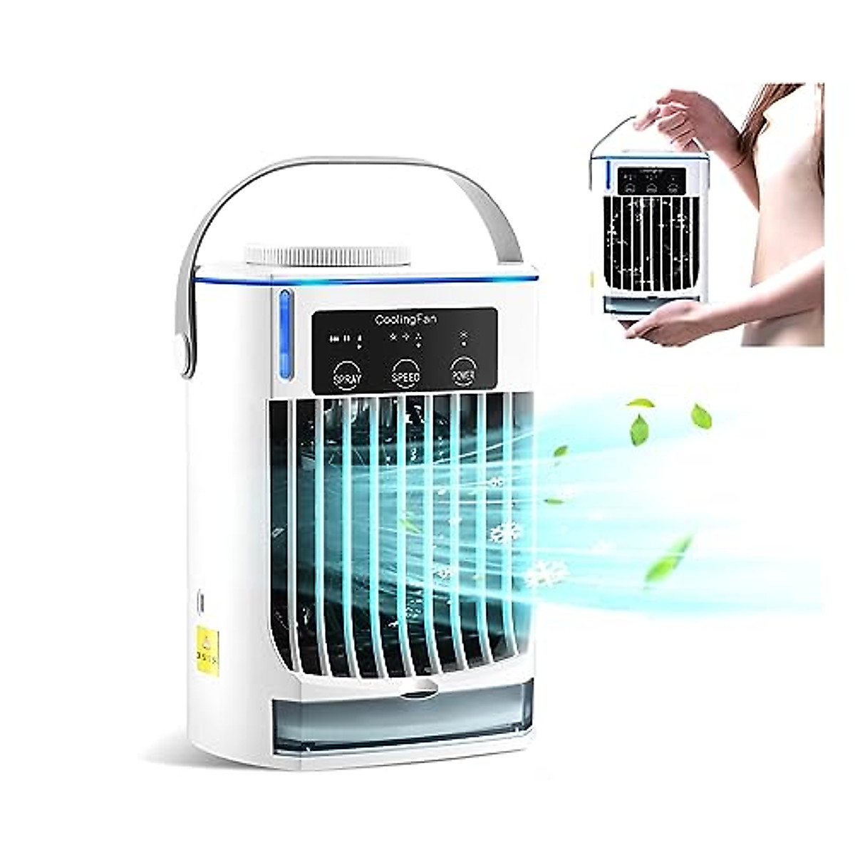 Portable Air Conditioner Fan, Small Air Conditioner Cooling Fan with 3 Fresh Wind Speeds and Handle, Personal USB Rechargeable Air Cooler, for Car Bedroom Office Home Tent Camping